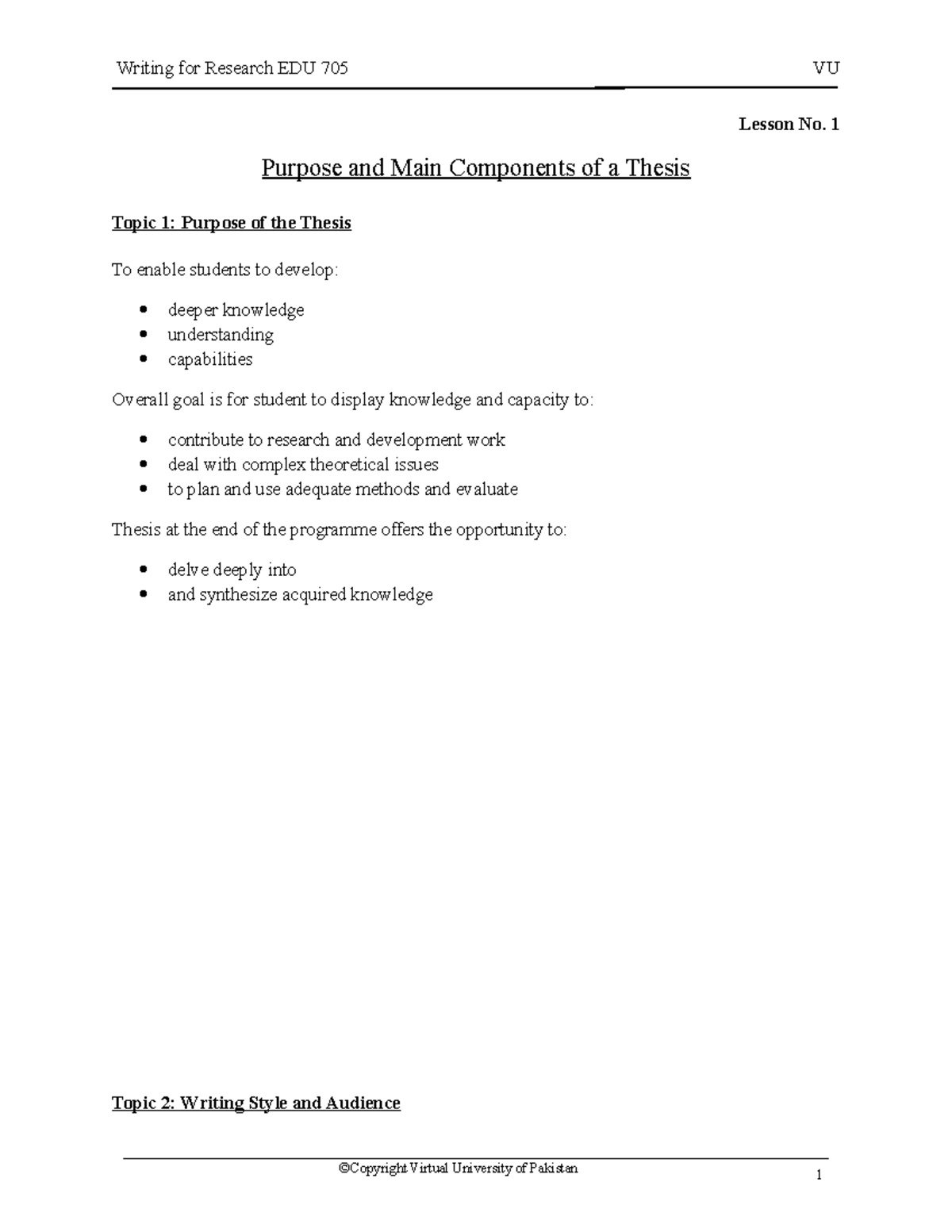EDU 705 Handout Upload - Lesson No. 1 Purpose and Main Components of a ...