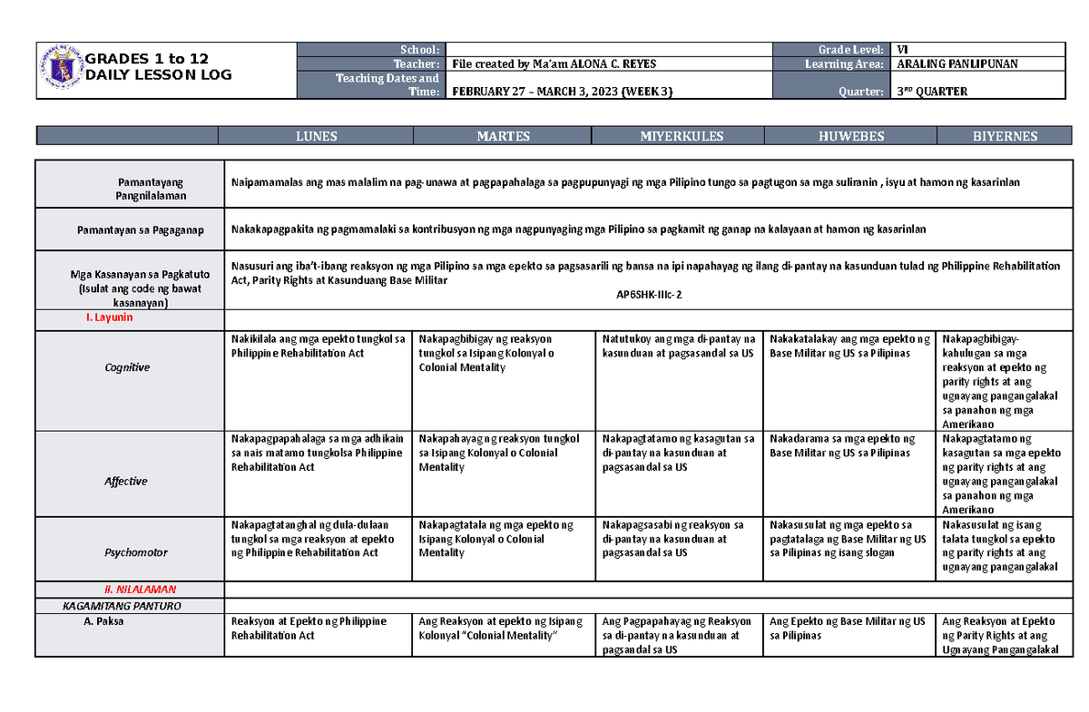 DLL Araling Panlipunan 6 Q3 W3 - GRADES 1 to 12 DAILY LESSON LOG School: Grade Level: VI Teacher ...