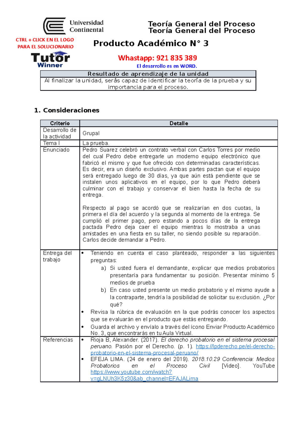 TW- Teoria General DEL Proceso PA3 (V - Producto Académico N° 3 Resultado de aprendizaje de la ...