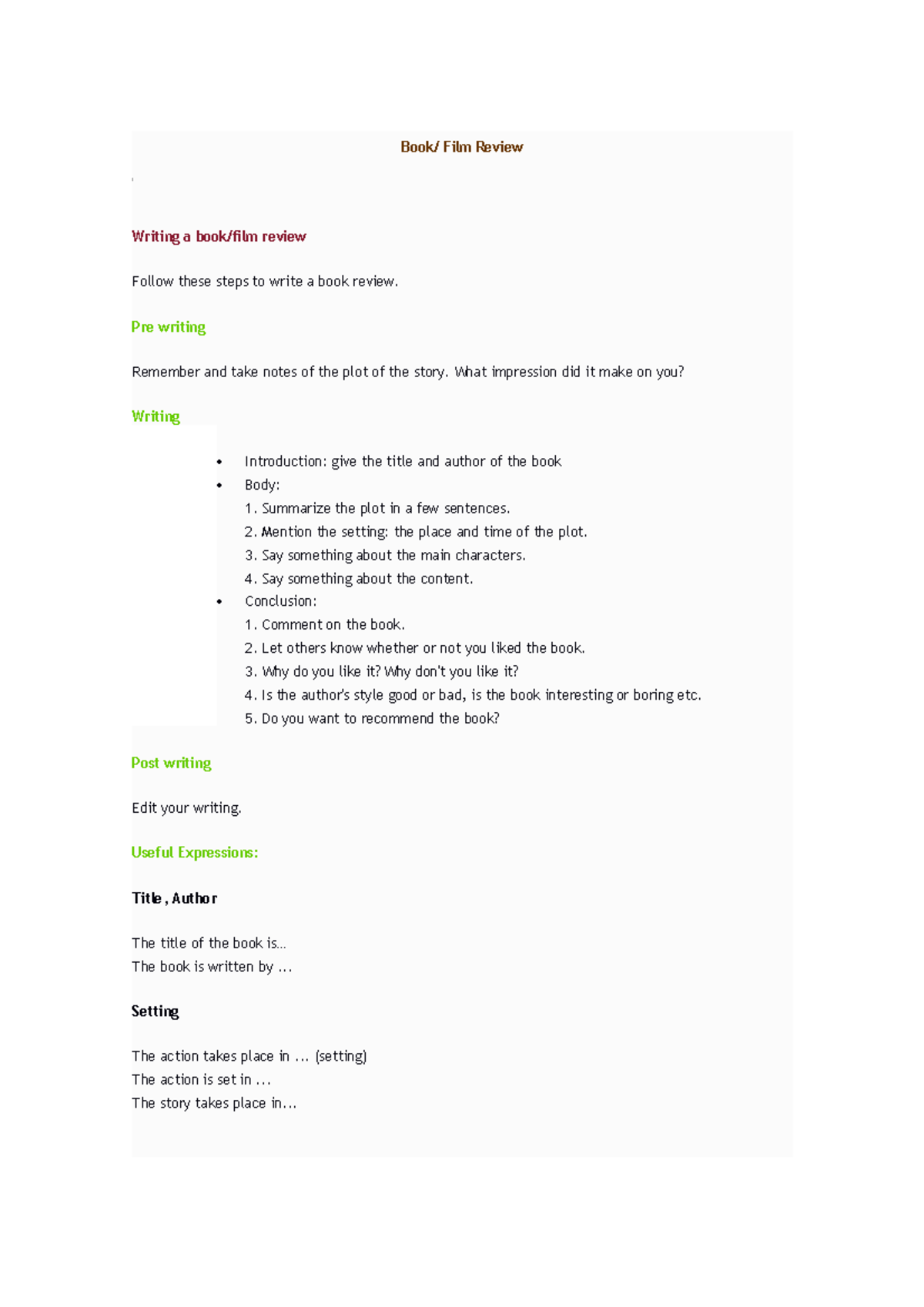 Film Review - Book/ Film Review Writing a book/film review Follow these ...