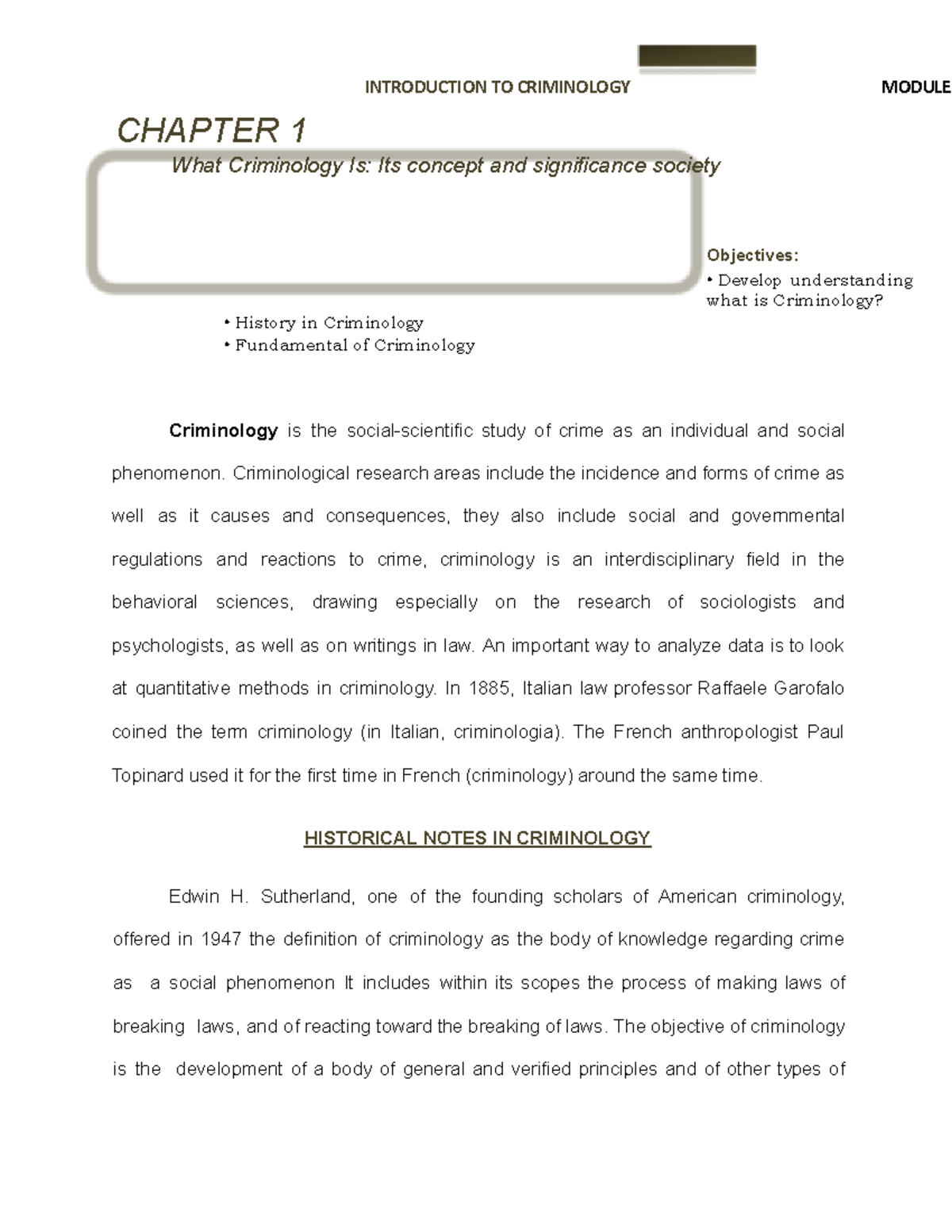 Chapter 1 Intro to criminology - INTRODUCTION TO CRIMINOLOGY MODULE ...
