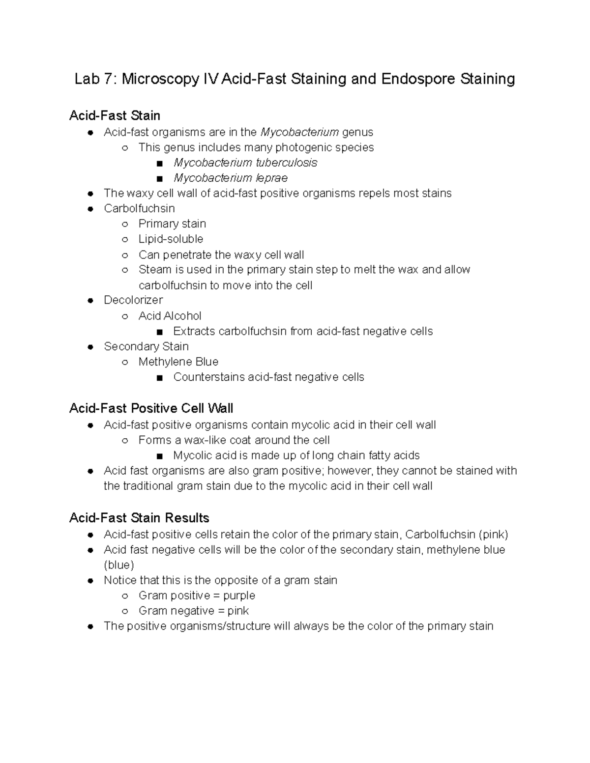 Lab 7 Microscopy IV Acid-Fast Staining and Endospore Staining - Studocu