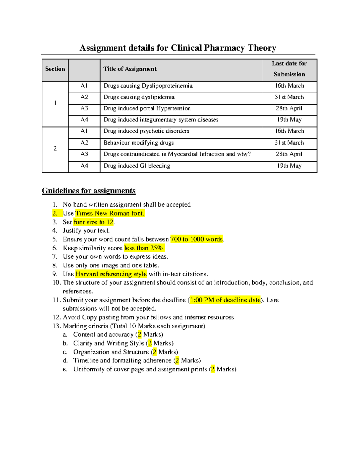 Assignment details for Clinical Pharmacy Theory - No hand written assignment shall be accepted 2 ...