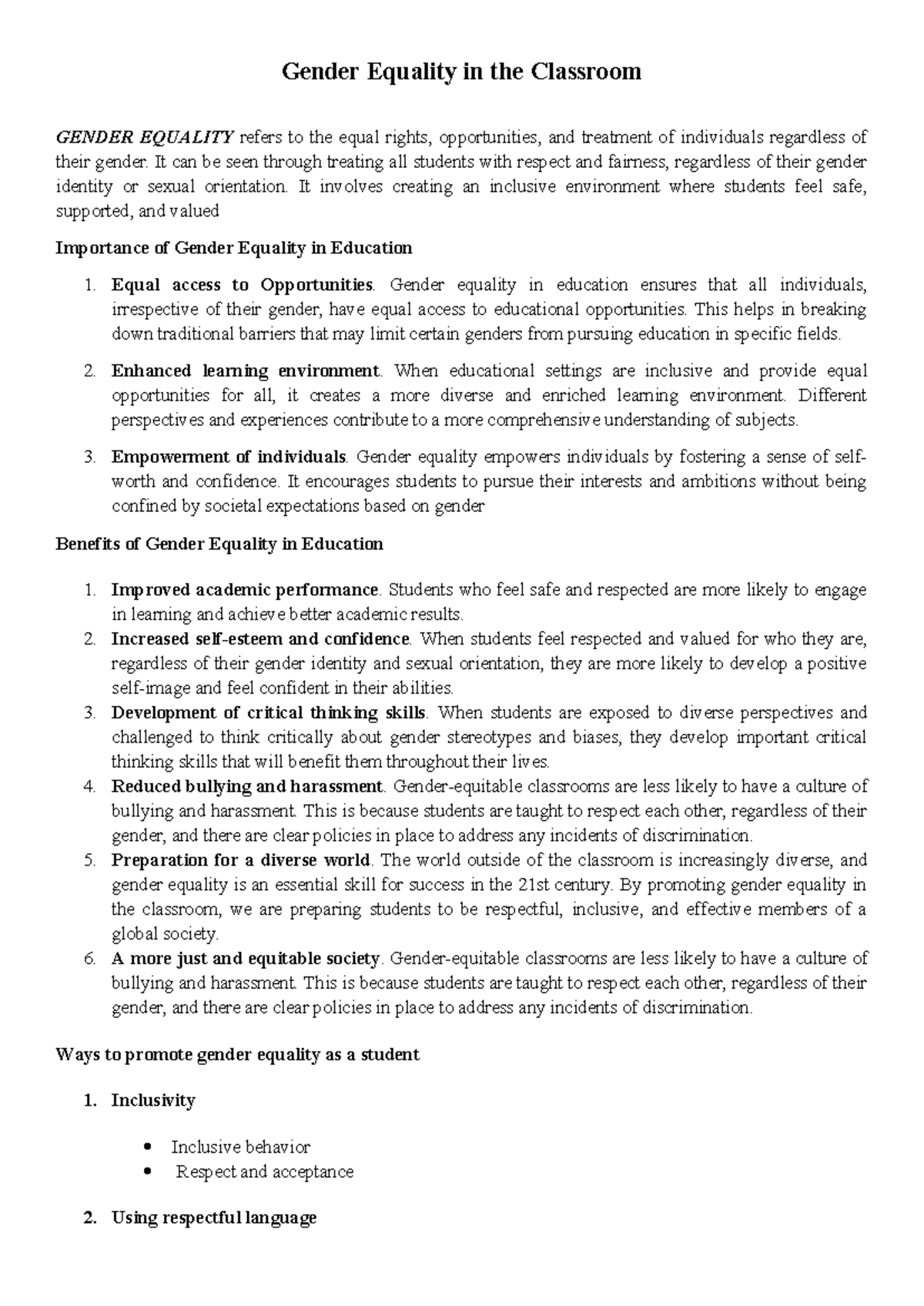 Gender Equality in the Classroom - It can be seen through treating all ...