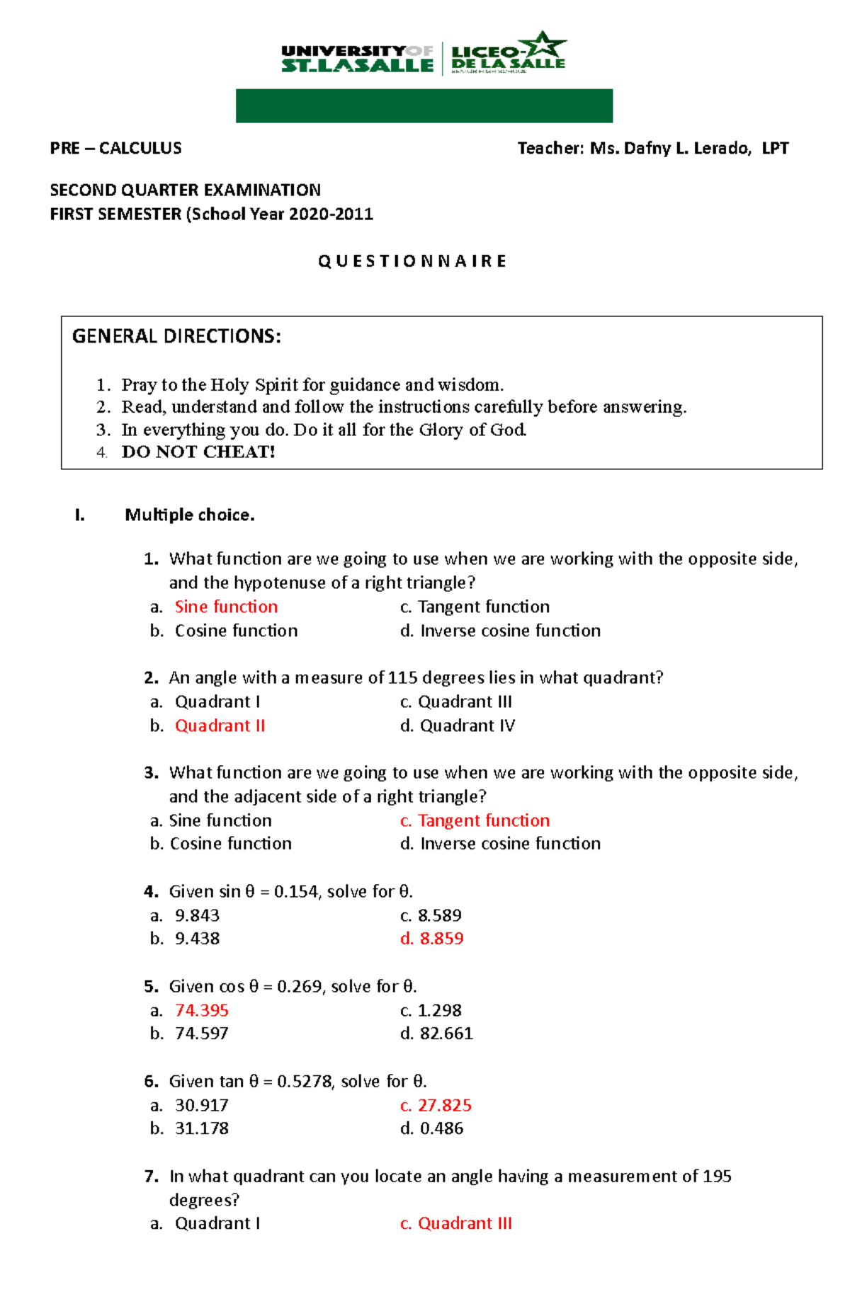 2ND QTR Precal EXAM - Senior High School - PRE – CALCULUS Teacher: Ms ...
