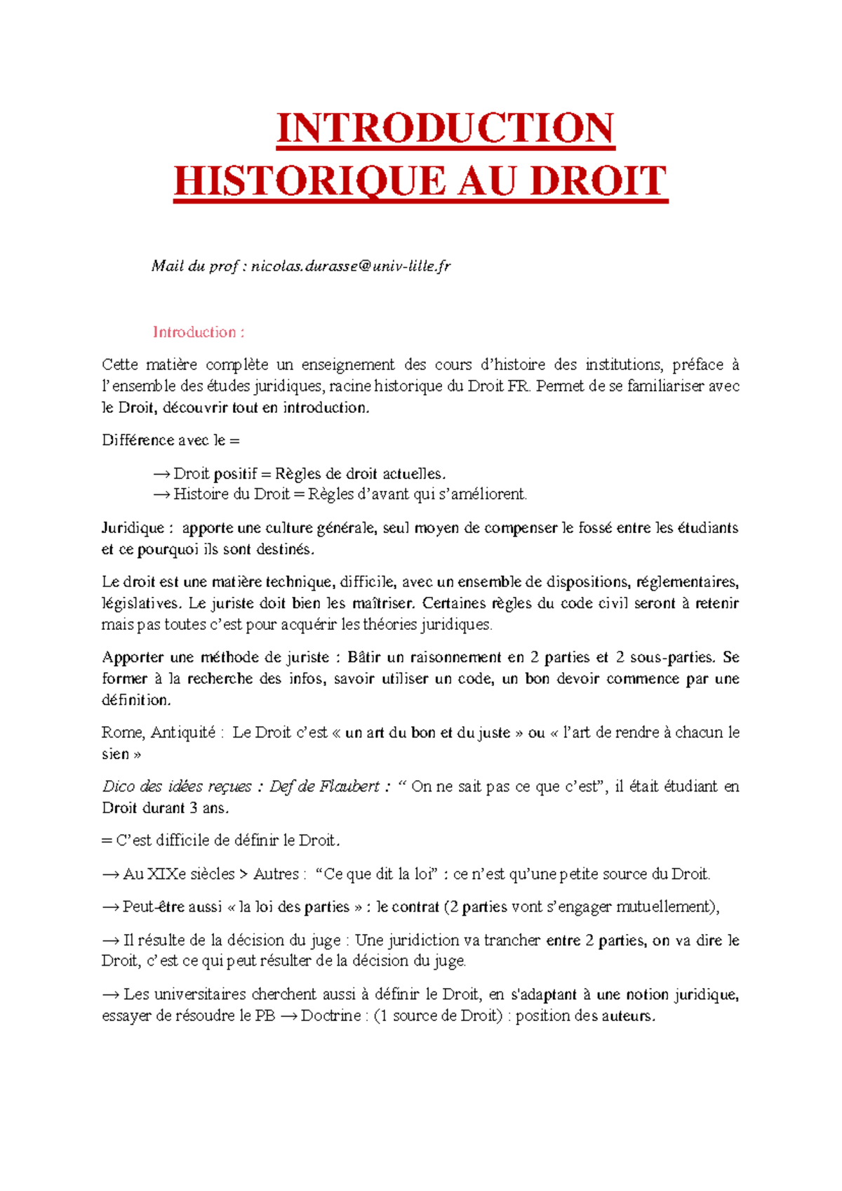 Introduction histoire du droit - INTRODUCTION HISTORIQUE AU DROIT Mail du prof : nicolas@univ ...