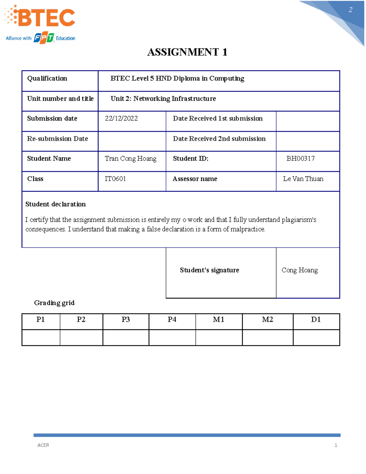 ASM1 Netwoking - chiu - 2 ASSIGNMENT 1 Qualification BTEC Level 5 HND Diploma in Computing Unit ...