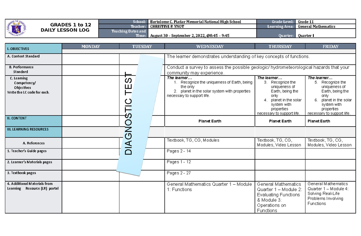 DLL-Earth and Life Science Q1-W1 - GRADES 1 to 12 DAILY LESSON LOG ...