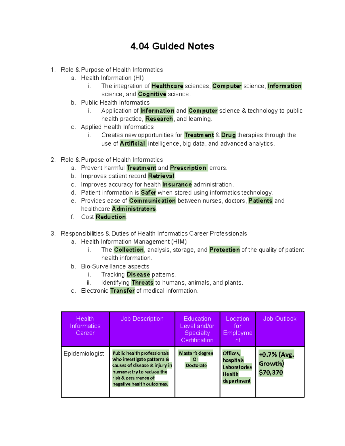 Copy of 4.04 Guided Notes - 4 Guided Notes Role & Purpose of Health ...