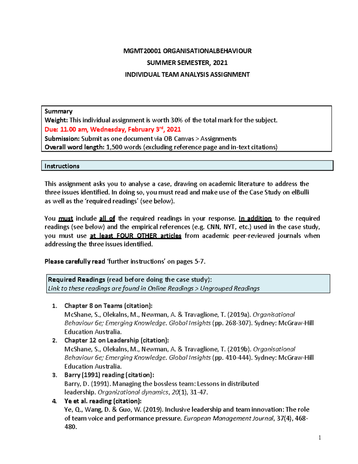 Assignment 2 - Teams - Summer Sem 2020 - MGMT20001 ORGANISATIONALBEHAVIOUR SUMMER SEMESTER, 2021 ...