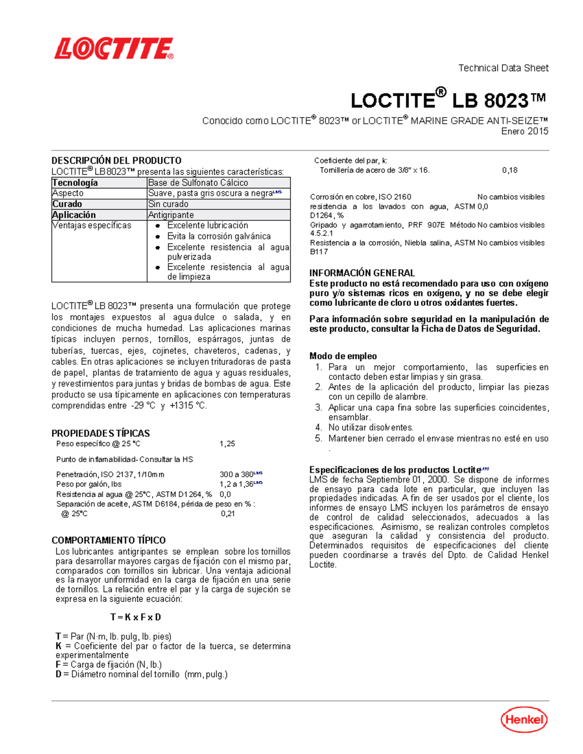 LB 8023-ES - Henkel - Technical Data Sheet LOCTITE ® LB 8023™ Conocido ...