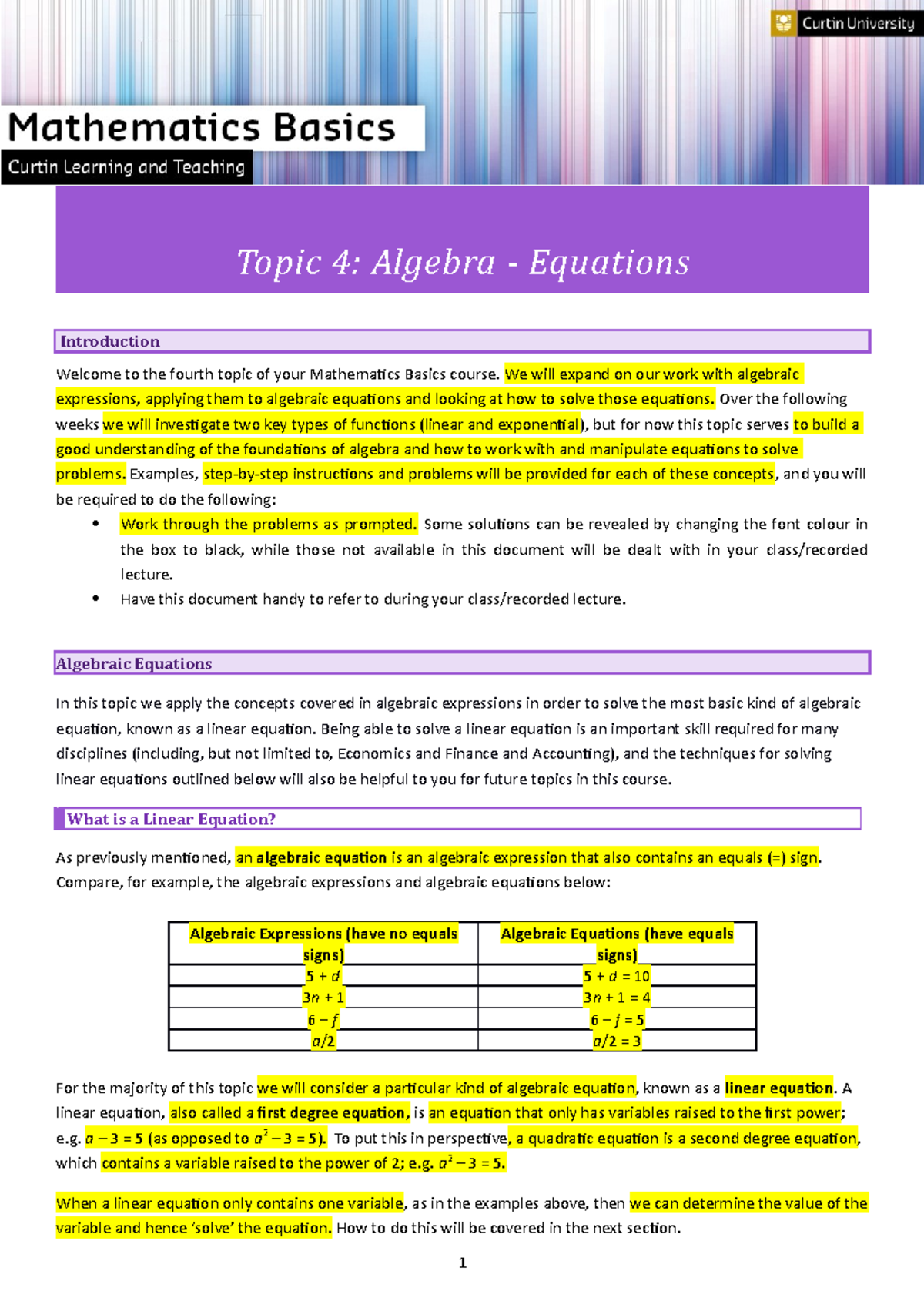 MATH- Mathematics Basic Topic - Lecture notes 4.docx - Topic 4: Algebra ...