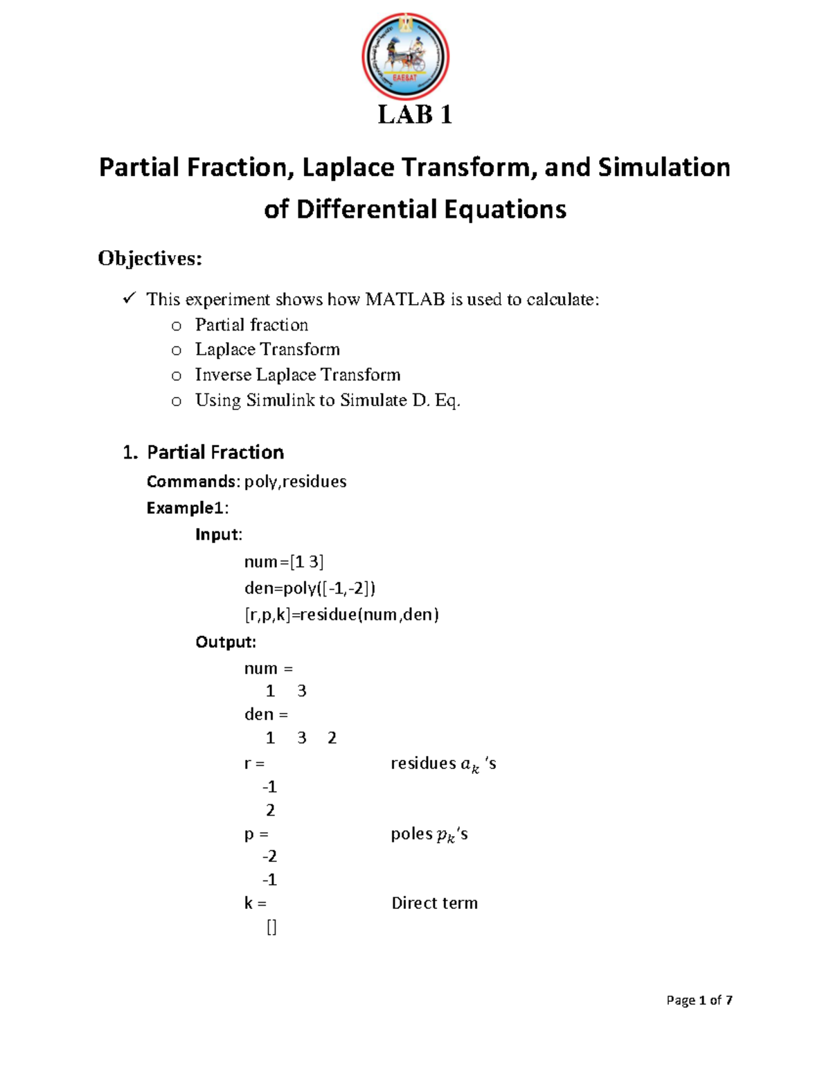 Lab1 Laplace DEq - 115454 - LAB 1 Partial Fraction, Laplace Transform ...