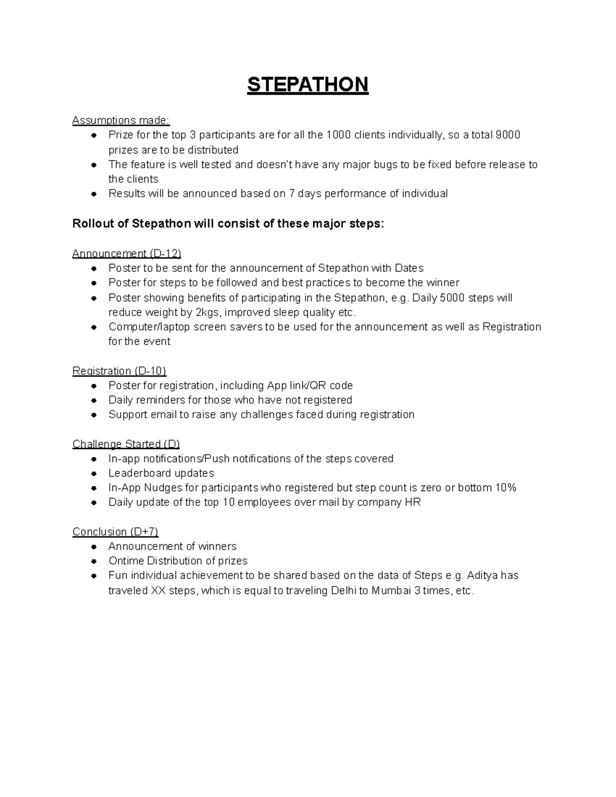 Stepathon Plan - STEPATHON Assumptions made: Prize for the top 3 ...