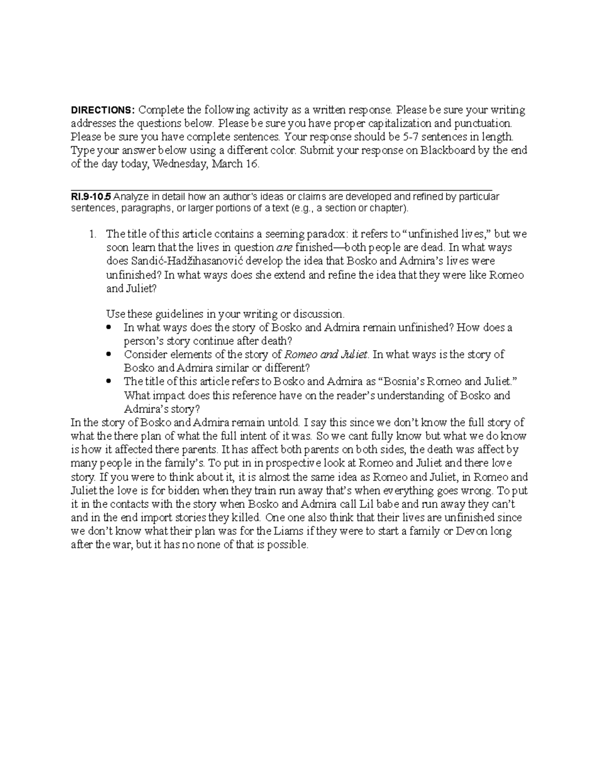 English 9-Twenty Years on-Romeo and Juliet writing prompt - DIRECTIONS ...