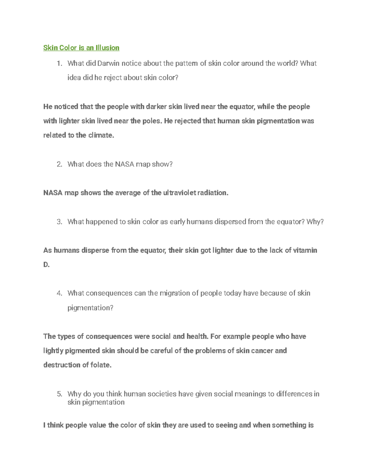 Unit 7 Lab - idk - Skin Color is an Illusion What did Darwin notice ...