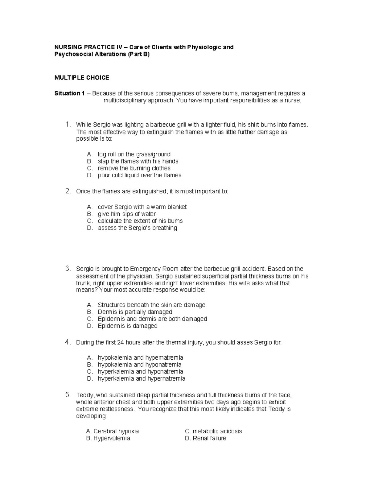 Nursing-Practice IV - Practice Exam - NURSING PRACTICE IV – Care of ...