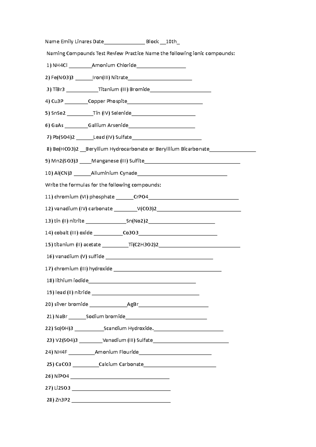 Naming compound - tarea - Name Emily Linares Date______________ Block ...