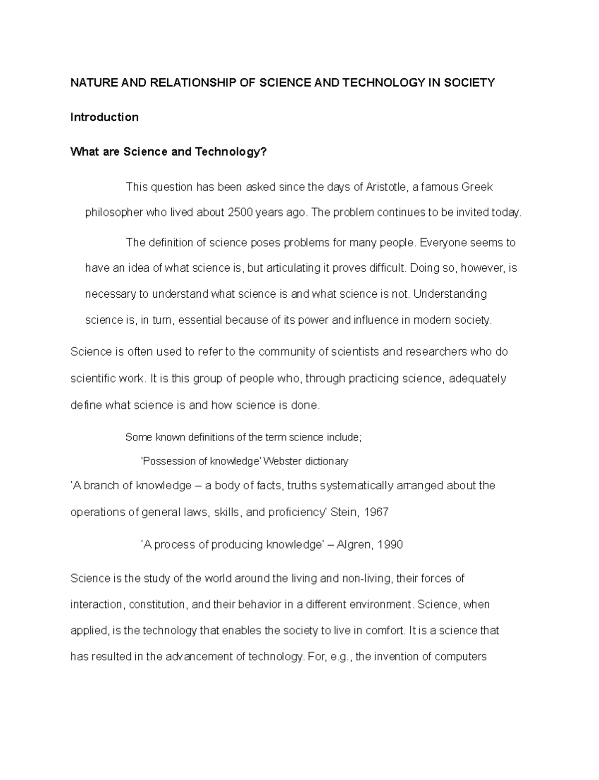 Nature and Relationship of Science and Technology in Society - NATURE ...