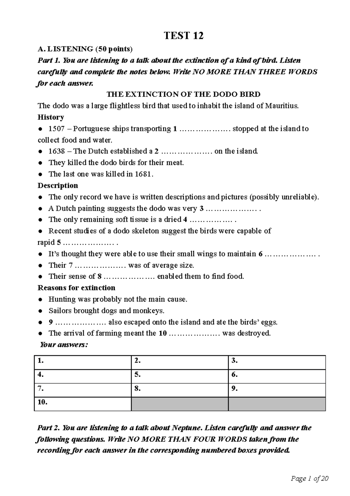 TEST 12 (2023) - Hello - TEST 12 A. LISTENING (50 points) Part 1. You ...