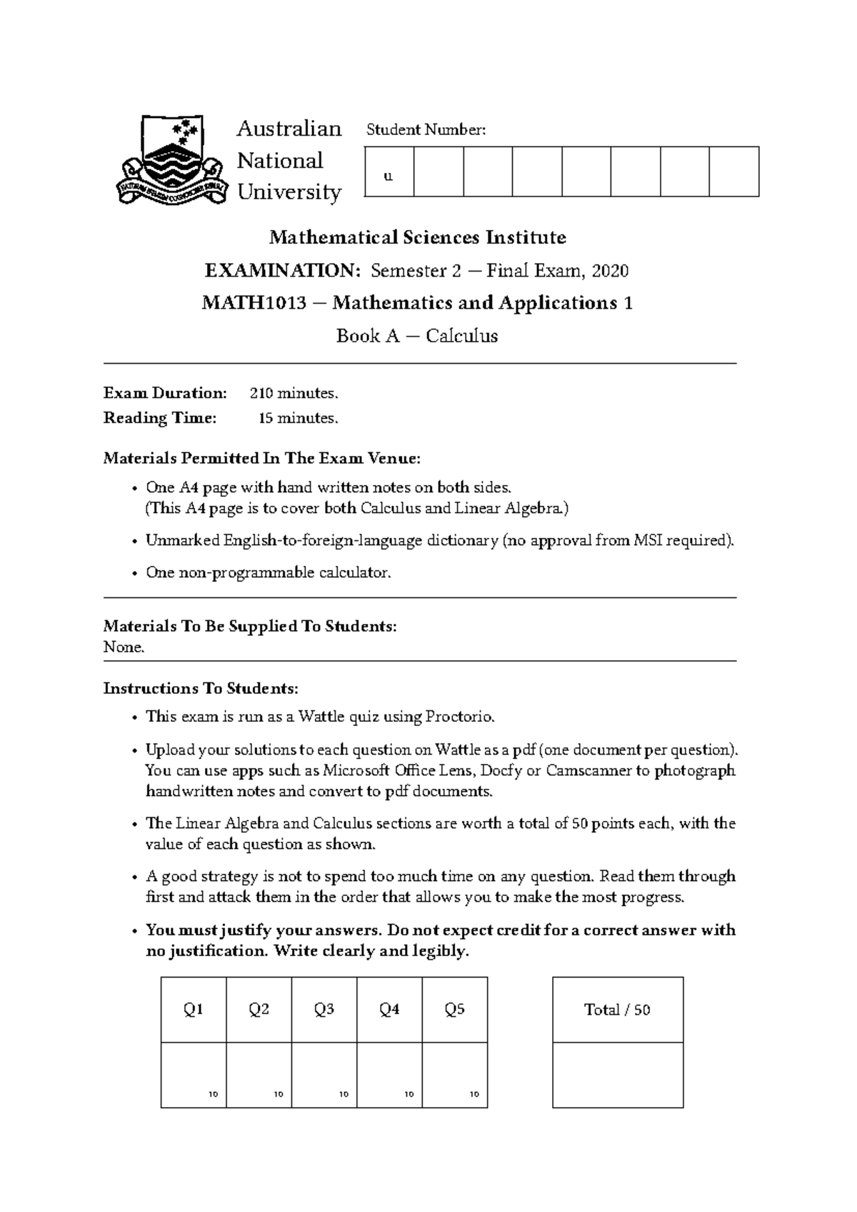 MATH1013 2020S2 Final Calculus - Australian National University Student ...