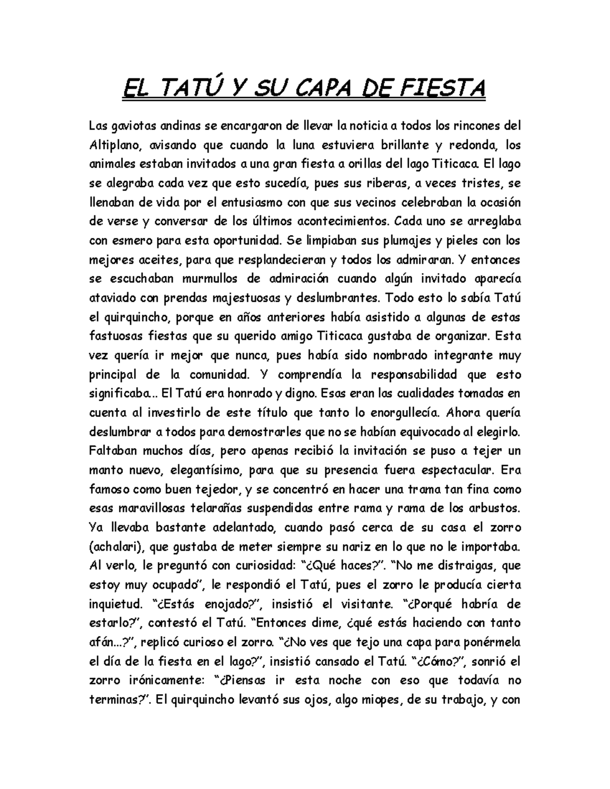 Cuentos Andinos LITE - EL TATÚ Y SU CAPA DE FIESTA Las gaviotas andinas ...