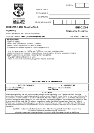 ENSC 2004 - UWA - Engineering Mechanics - Studocu
