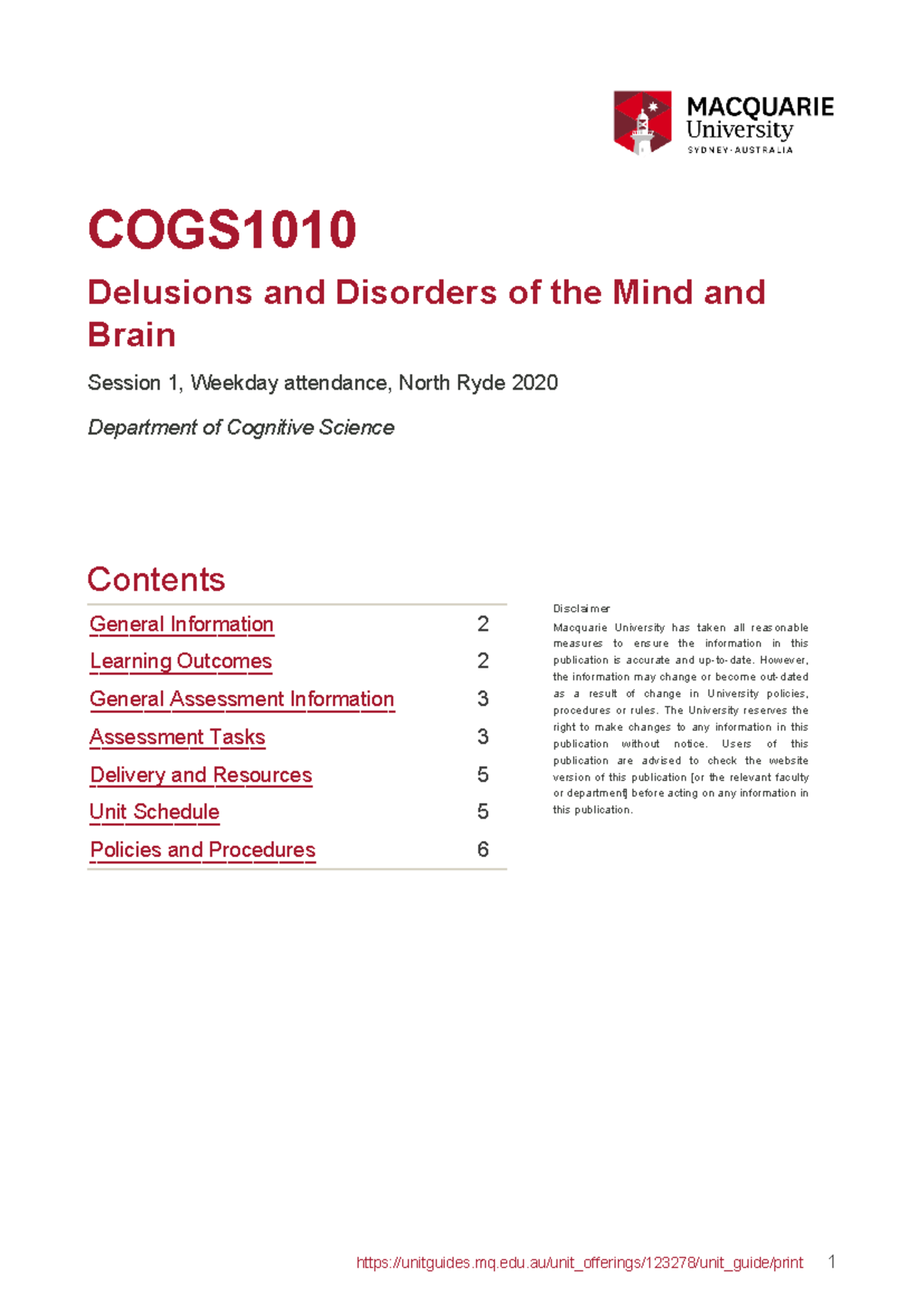 Unit Guide COGS101 0 2020 Session 1, Weekday attendance, North Ryde - COGS Delusions and ...