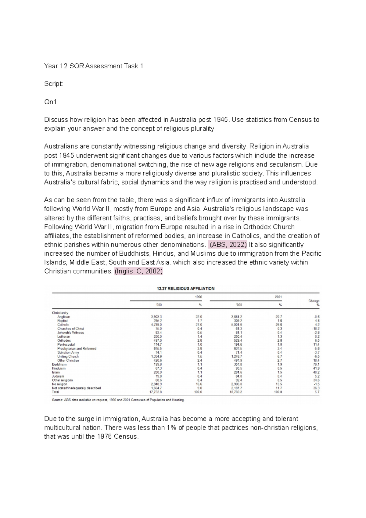 SOR Religion in Australia post-1945 - Year 12 SOR Assessment Task 1 Script: Qn Discuss how ...