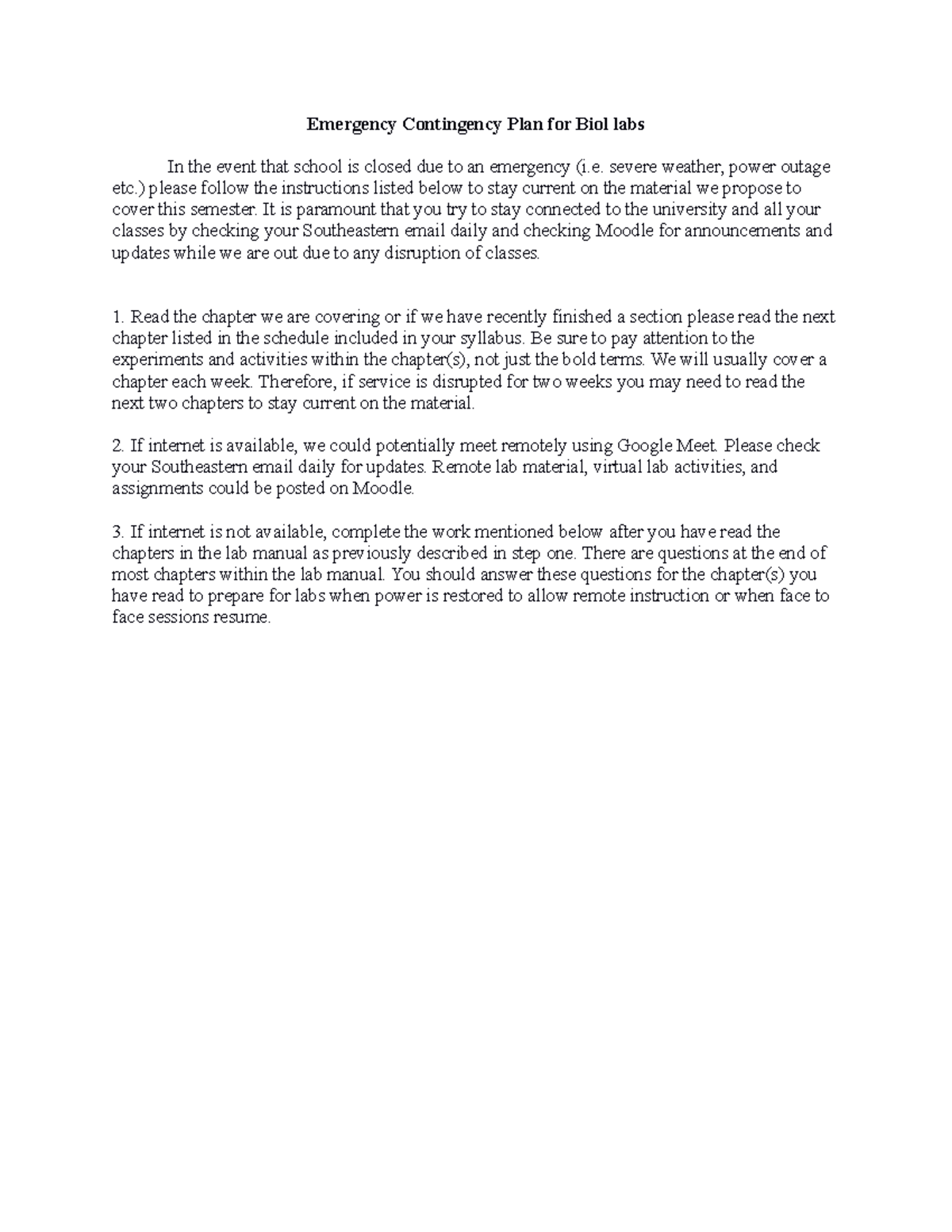 Emergency Contingency Plan for Labs BIOL 152-154 - Emergency ...
