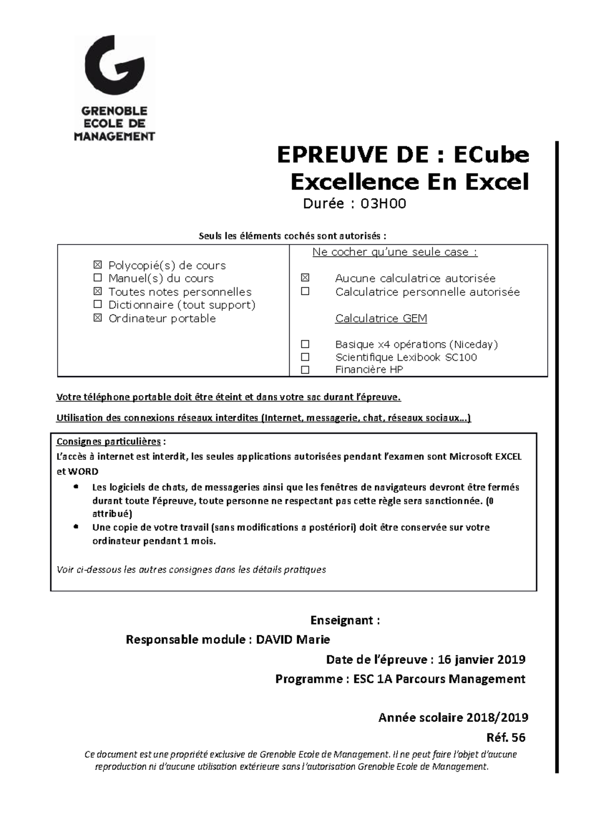 Partiel-Janv - Exemple - EPREUVE DE : ECube Excellence En Excel Durée ...