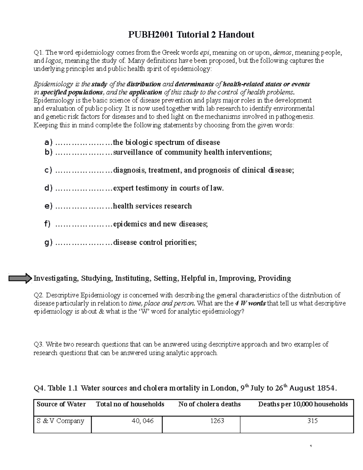Tutorial 2 Handout - PUBH2001 Tutorial 2 Handout Q1. The word epidemiology comes from the Greek ...