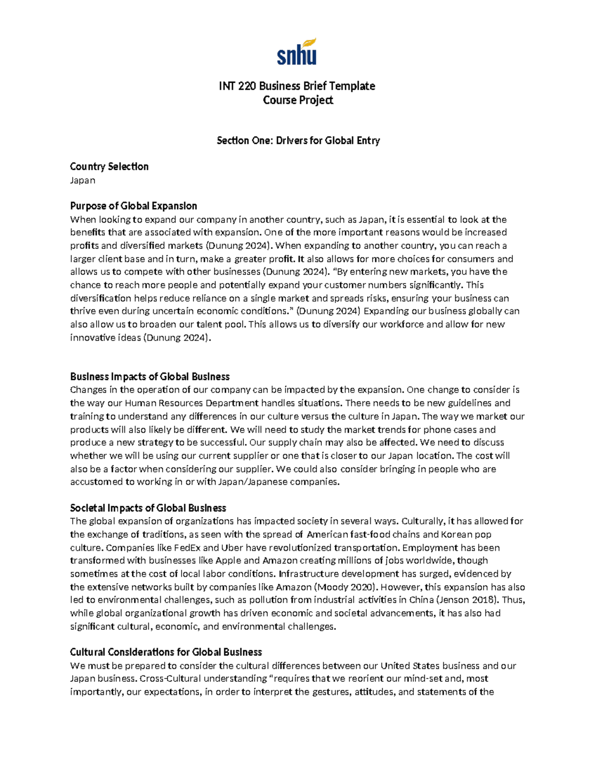 INT 220 Final Project Module 7- got an A - INT 220 Business Brief ...