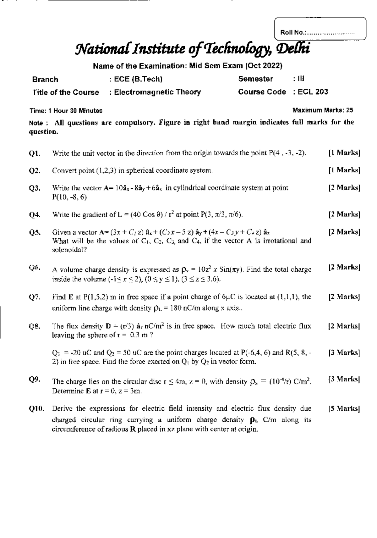 EMFT 2022 - questions - [ Roll No.:.... J !NationalInstitute of tUchno ...