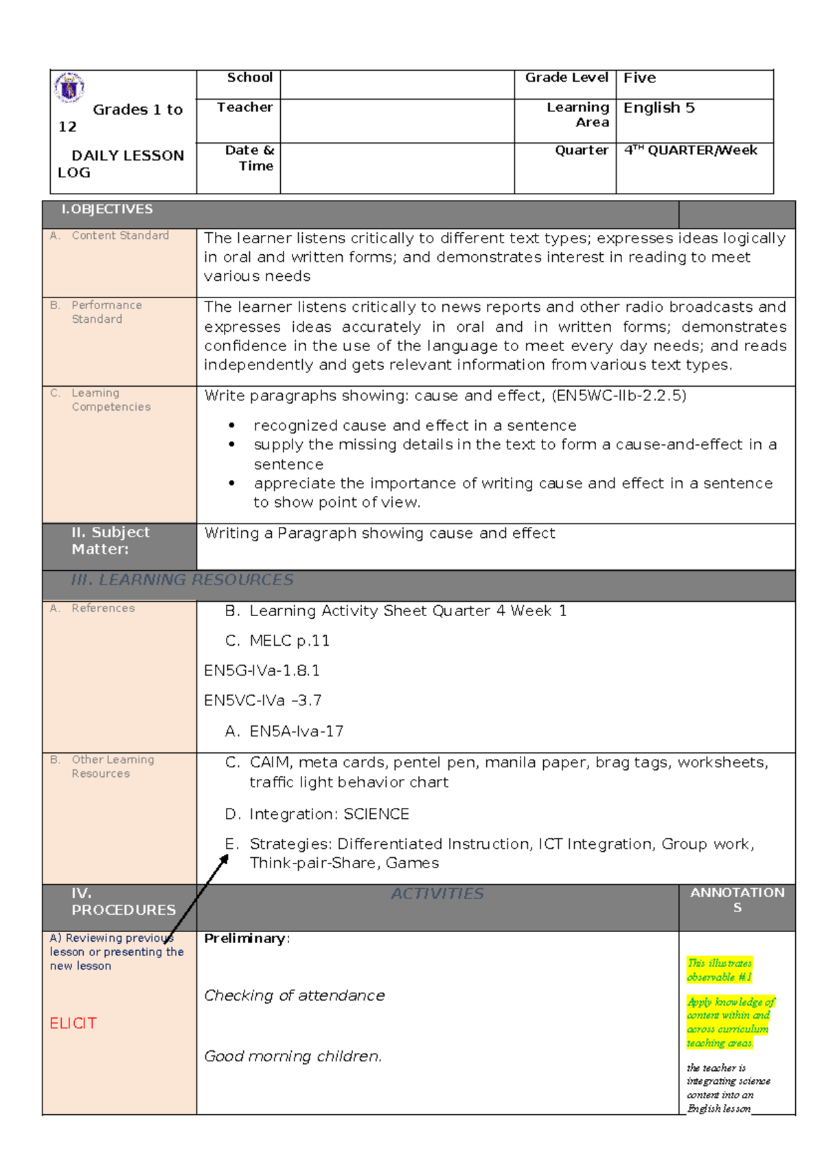Cot english 5 4th qtr (cause n effect) - Grades 1 to 12 DAILY LESSON ...