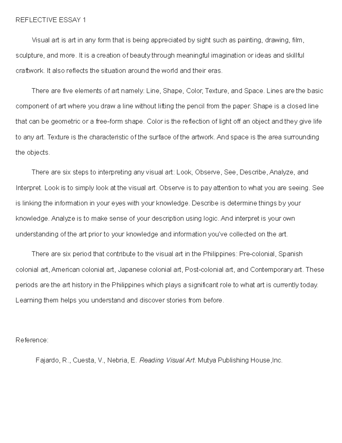 Reflective Essay 1 - study well. - REFLECTIVE ESSAY 1 Visual art is art ...