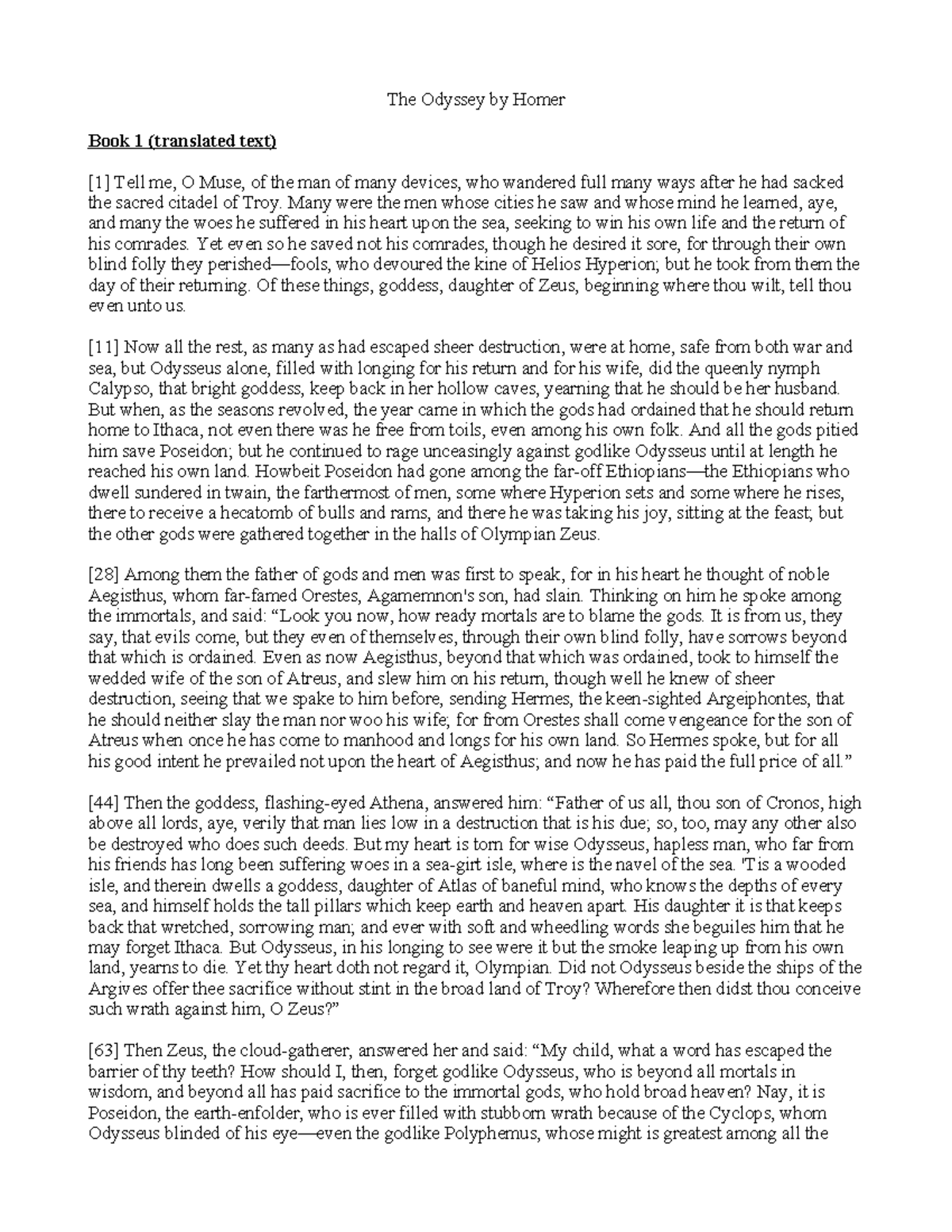 Free Book For Essay - The Odyssey by Homer Book 1 (translated text) [1 ...