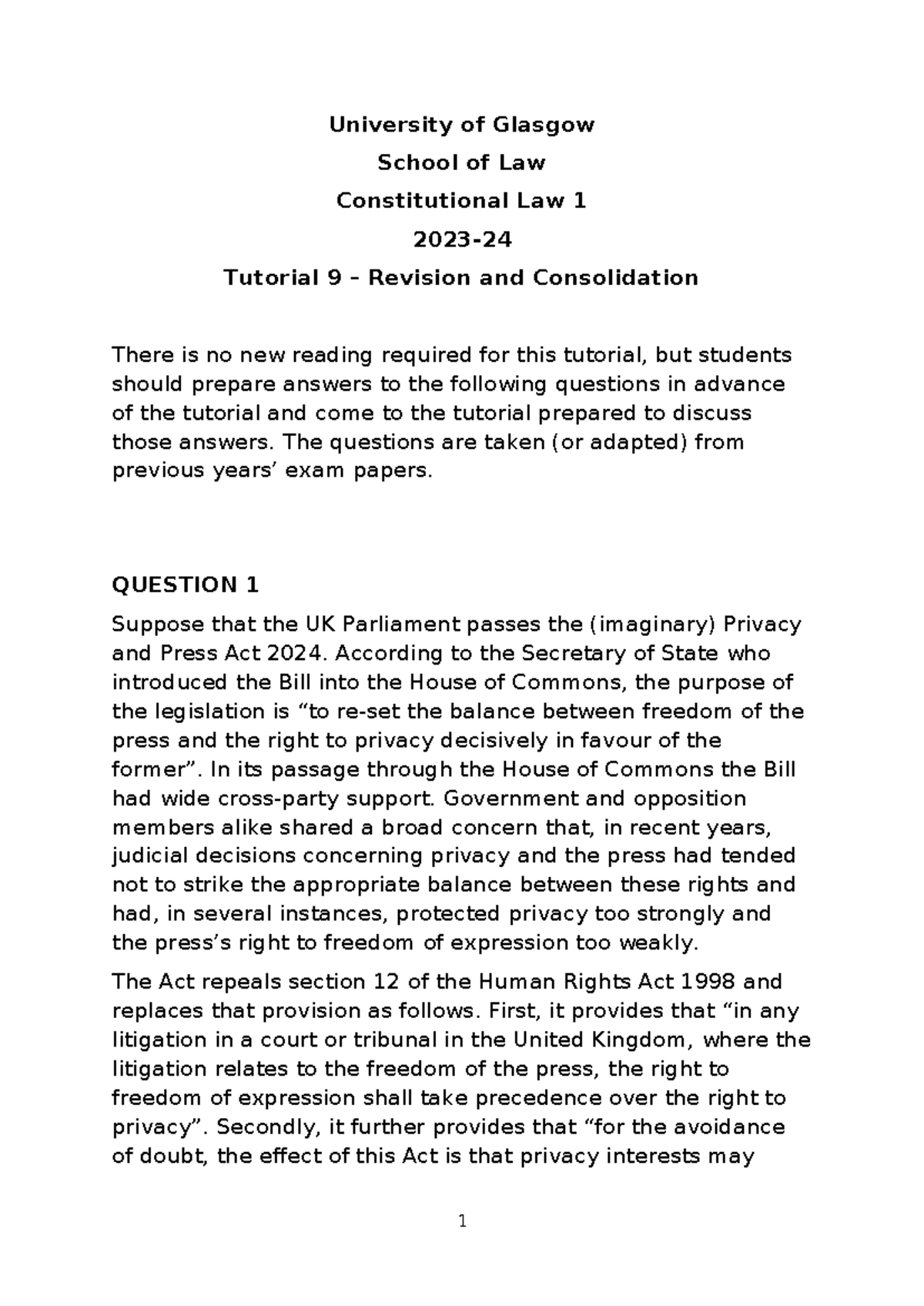 Con Law 1 2024 Tutorial 9 - University of Glasgow School of Law Constitutional Law 1 2023 ...