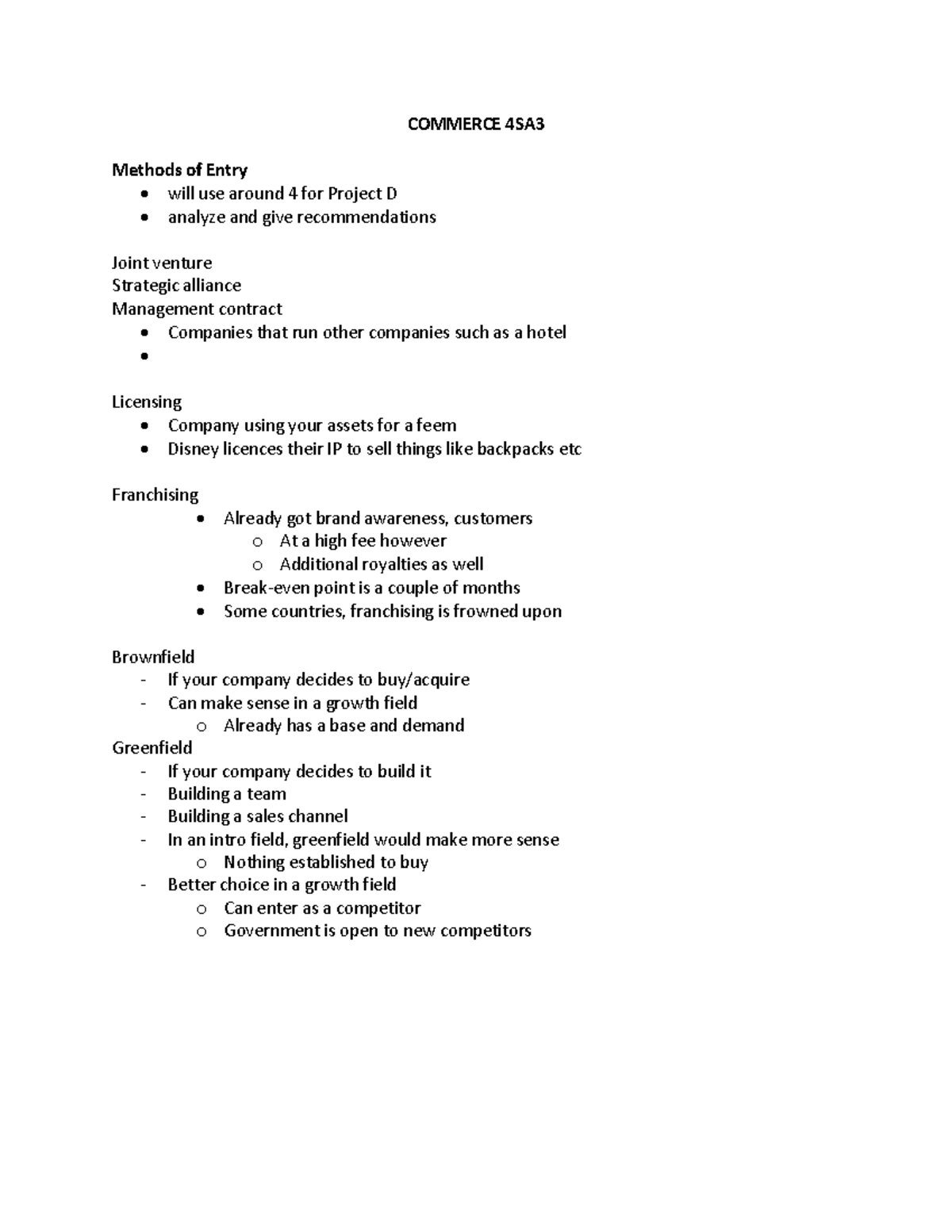 Commerce 4SA3 - Notes - COMMERCE 4SA Methods of Entry - will use around ...