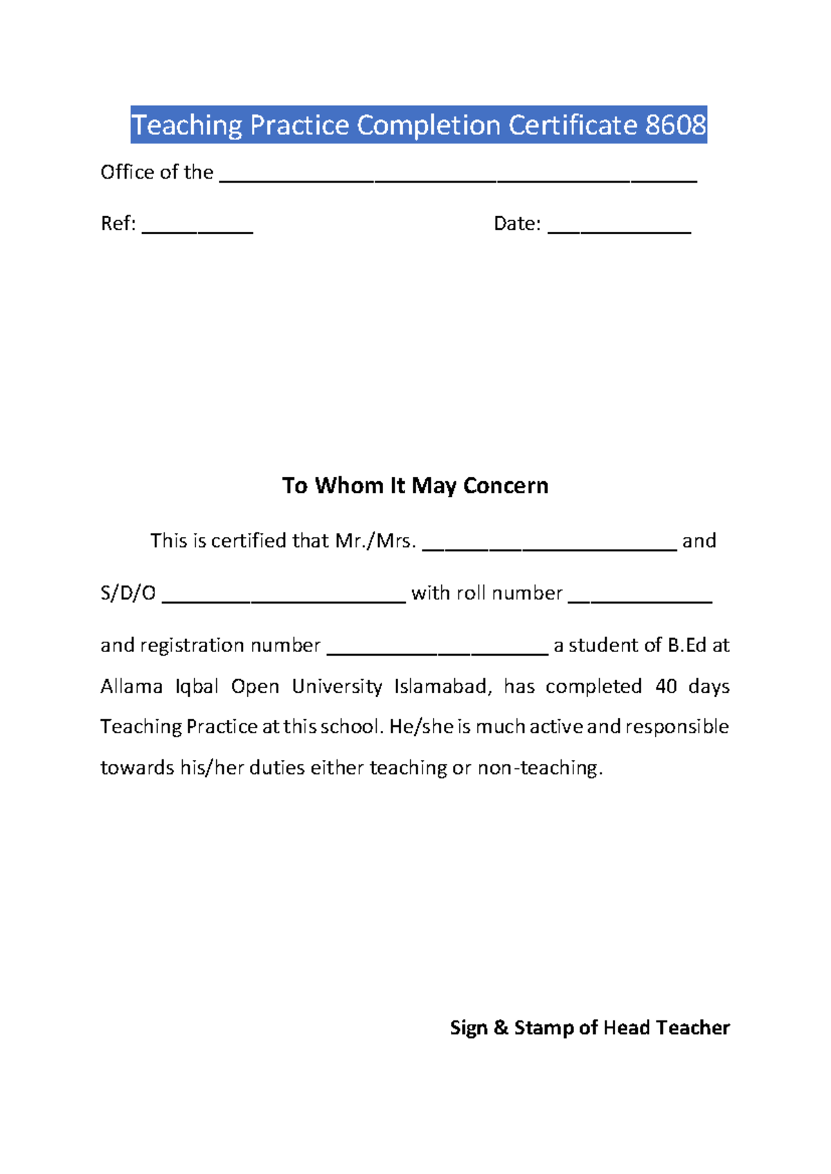 Teaching Practice Completion 8608 Certificate - /Mrs ...