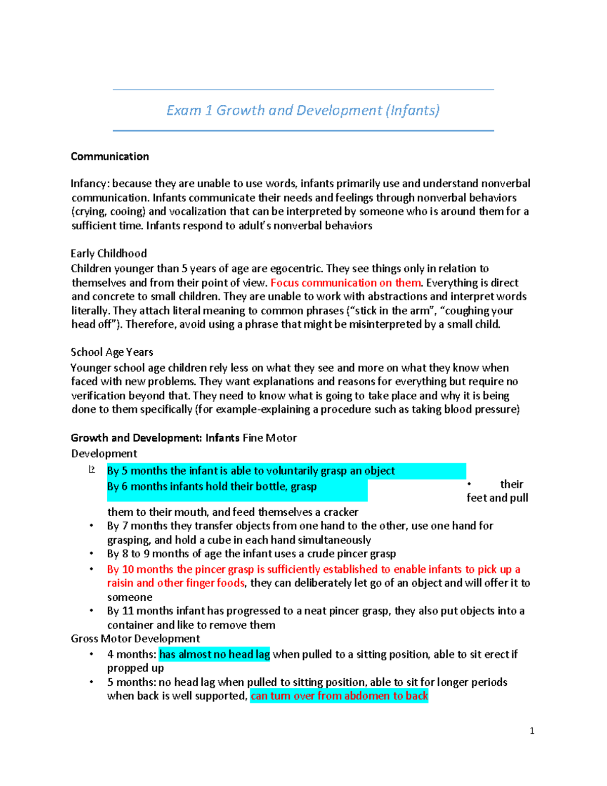 Pediatrics highlighted exam 1 Notes - 1 Exam 1 Growth and Development ...