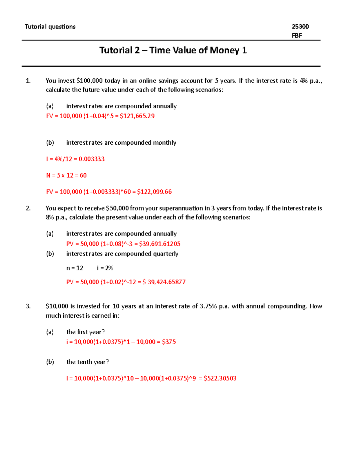 In class questions for tutorial 2 with working out - Tutorial questions 25300 FBF Tutorial 2 ...