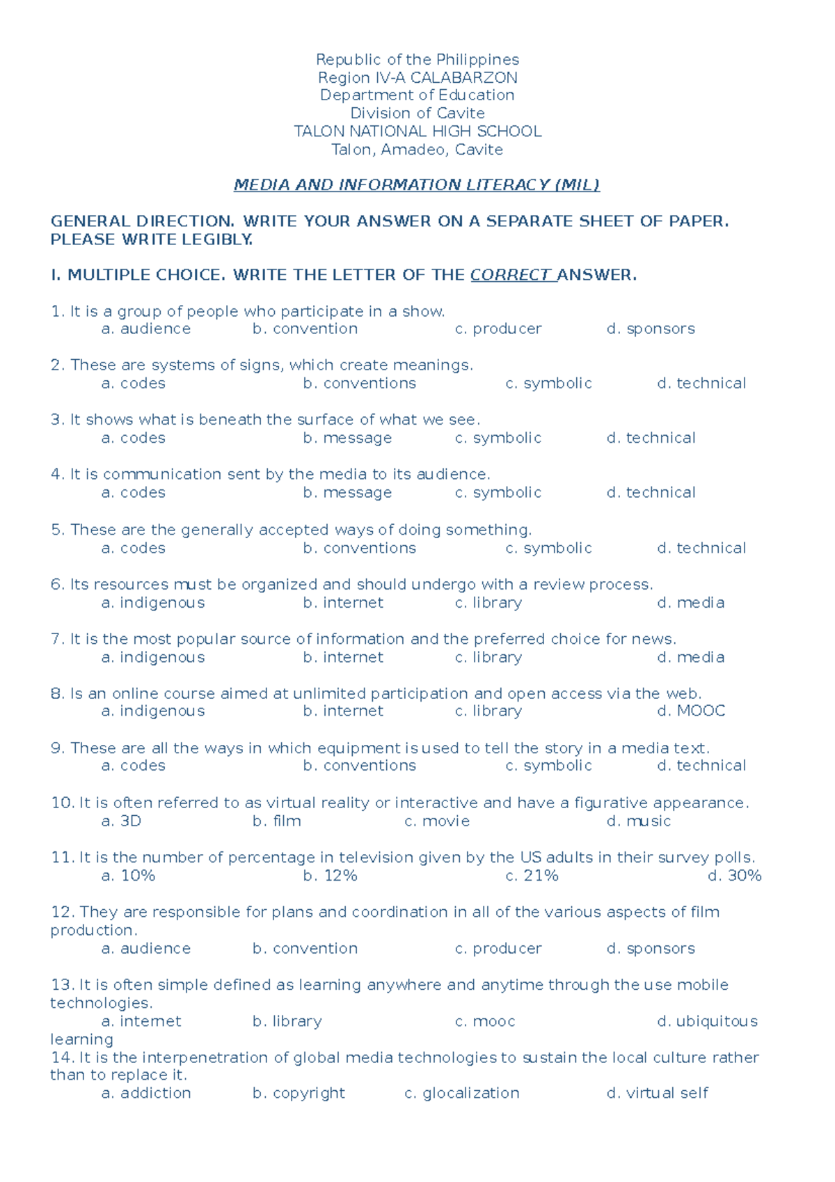 Long Test #2 Part 2 - MIL - Republic of the Philippines Region IV-A ...