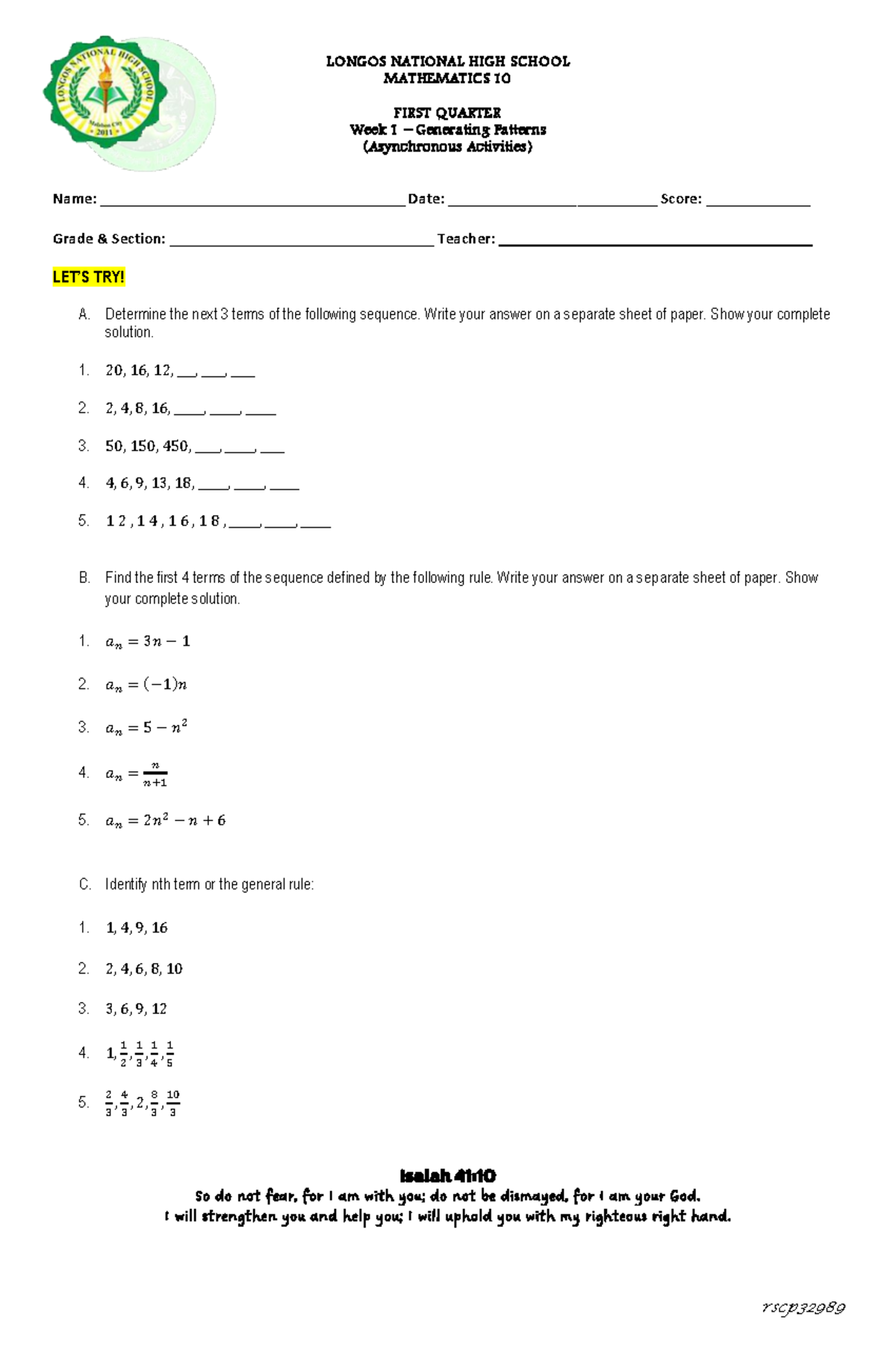 Q1 Week1 Generating-Patterns - rscp LONGOS NATIONAL HIGH SCHOOL MATHEMATICS 10 FIRST QUARTER ...