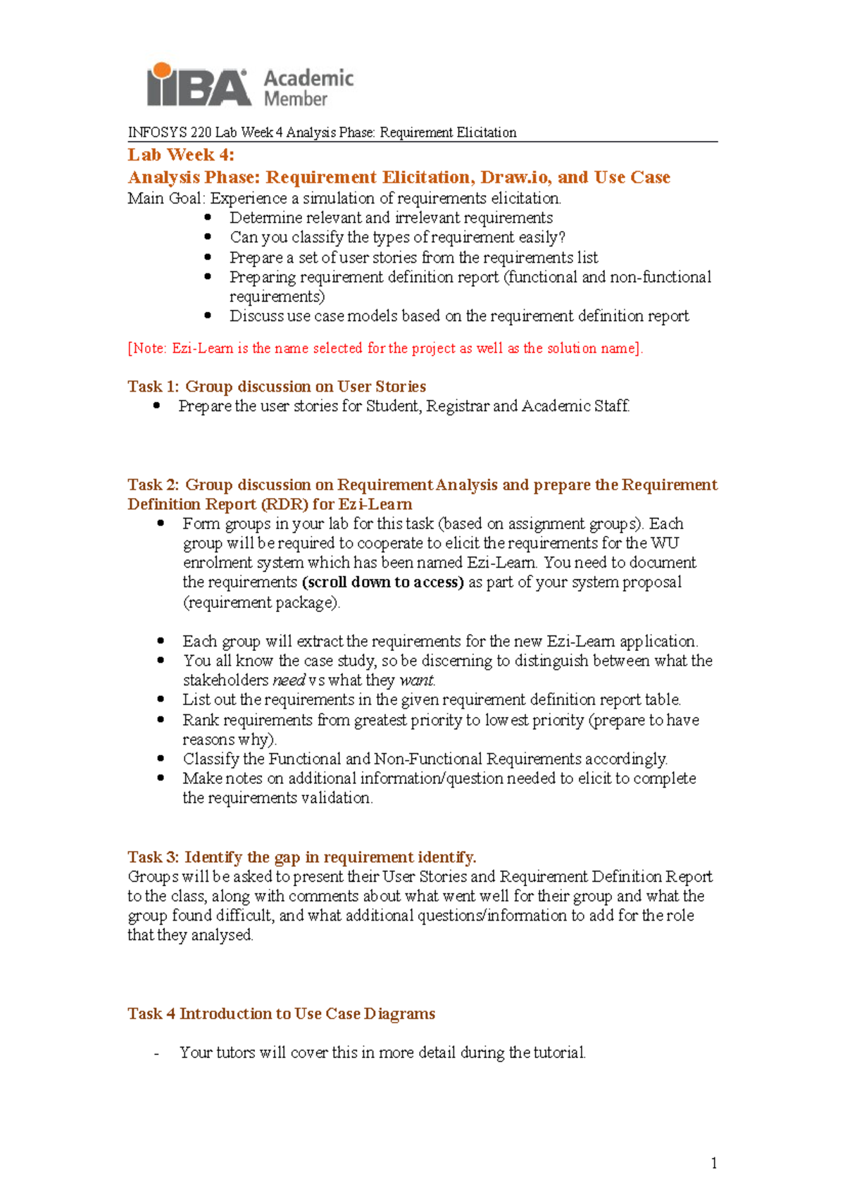 Lab wk4 -student final - week 4 lab work - Lab Week 4: Analysis Phase: Requirement Elicitation ...