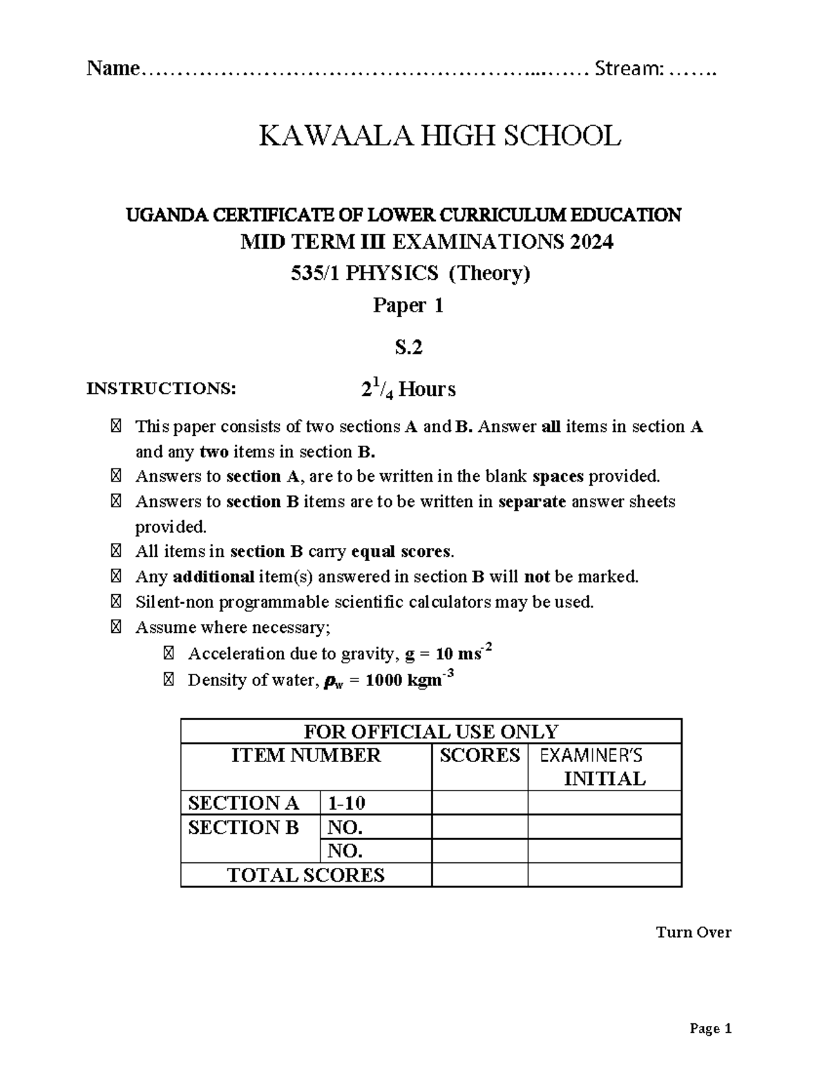 S2- Physics - practice - Name