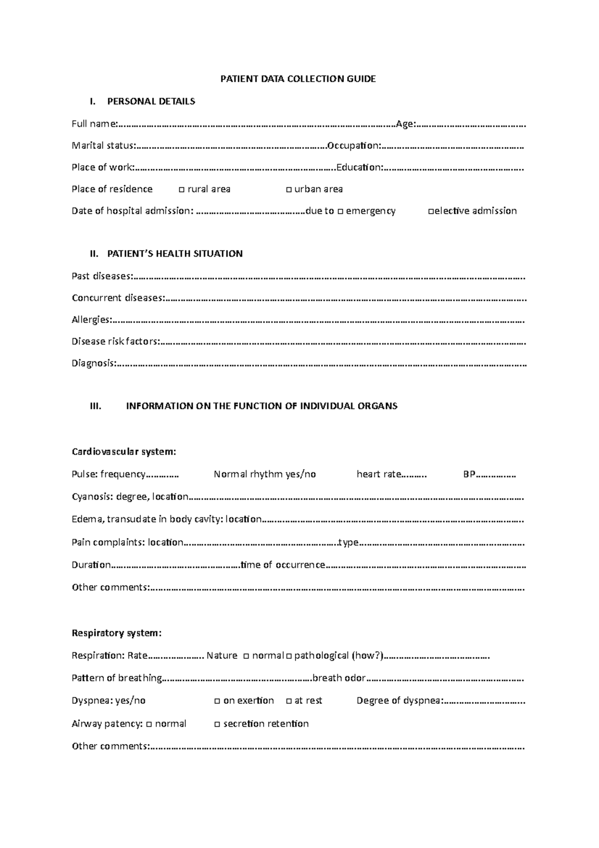 Form for nursing eng przewodnik gromadzenia danych - PATIENT DATA ...