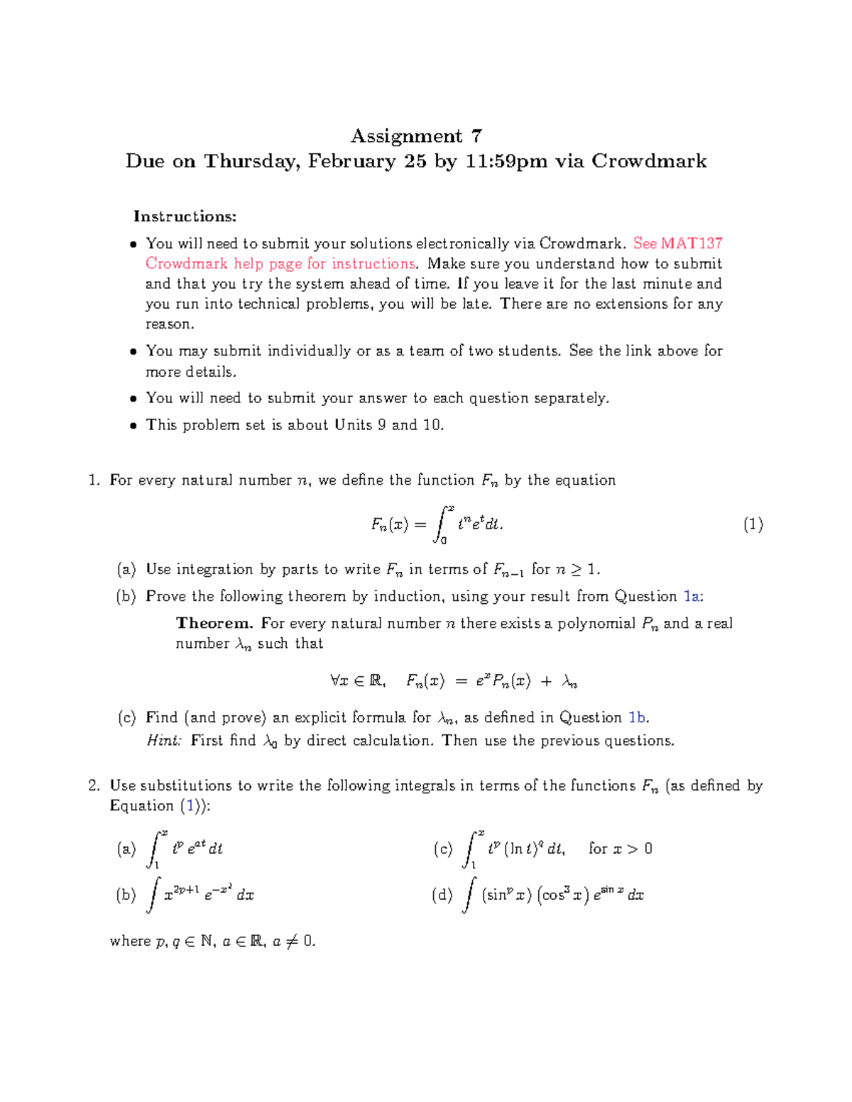 MATH 31 Assignment 7 MAT 137Y Calculus With Proofs Assignment 7 Due