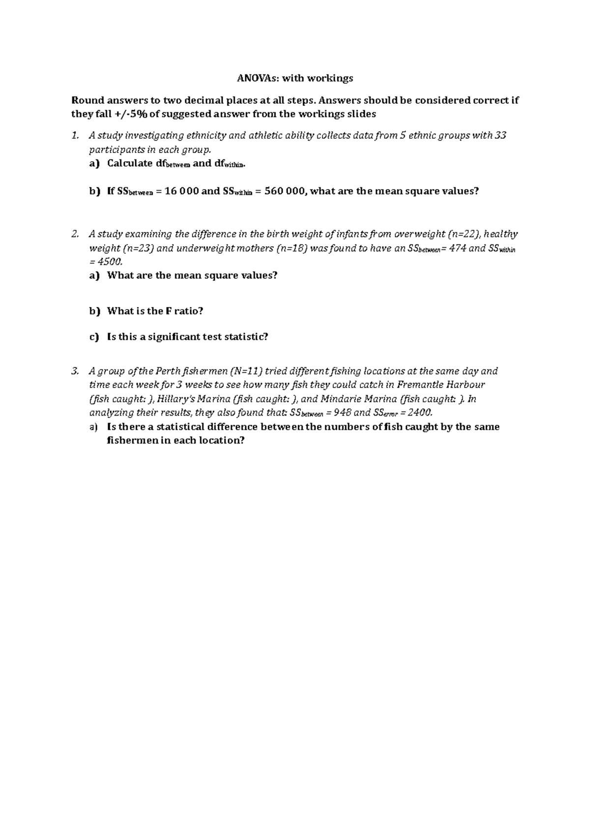PSYC2203 practice Anova questions - ANOVAs: with workings Round answers ...