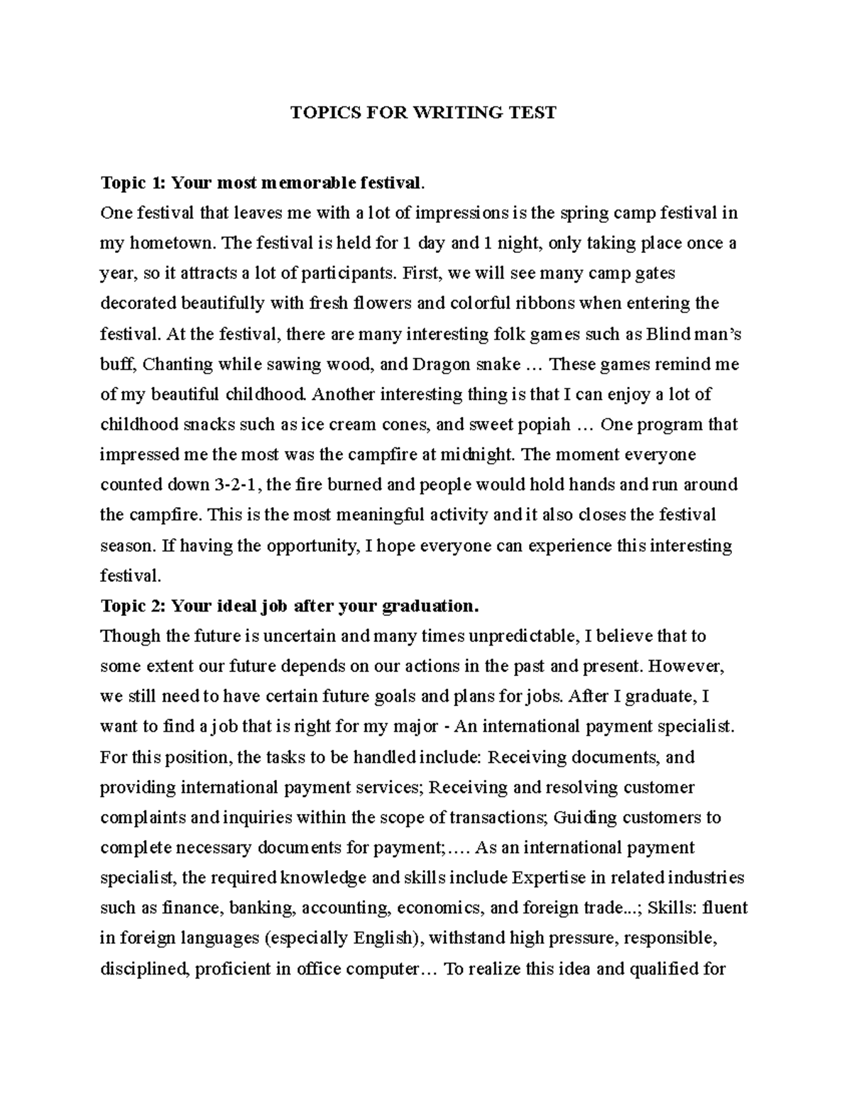 English Writing - For ielts exam - TOPICS FOR WRITING TEST Topic 1 ...